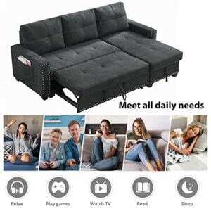 EMKK Upholstery Reversible Sleeper Sofa L-Shape 3 Seat Sectional Couch with Storage Chaise Modern Linen Fabric for Apartment Living Room Furniture Set, Black Pull-Out