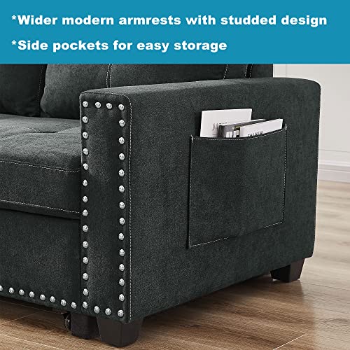 EMKK Upholstery Reversible Sleeper Sofa L-Shape 3 Seat Sectional Couch with Storage Chaise Modern Linen Fabric for Apartment Living Room Furniture Set, Black Pull-Out