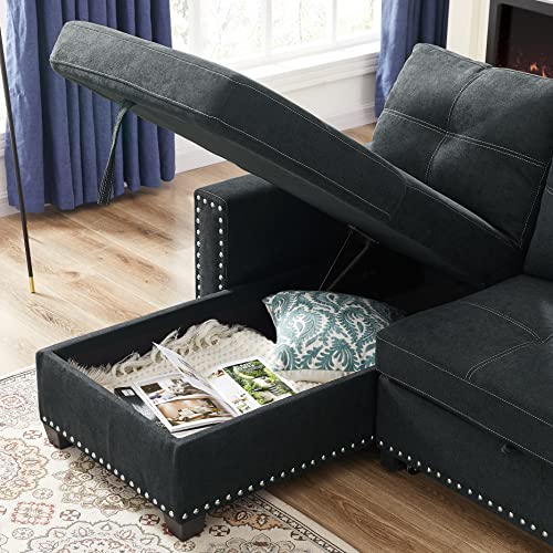 EMKK Upholstery Reversible Sleeper Sofa L-Shape 3 Seat Sectional Couch with Storage Chaise Modern Linen Fabric for Apartment Living Room Furniture Set, Black Pull-Out