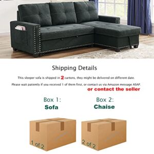 EMKK Upholstery Reversible Sleeper Sofa L-Shape 3 Seat Sectional Couch with Storage Chaise Modern Linen Fabric for Apartment Living Room Furniture Set, Black Pull-Out