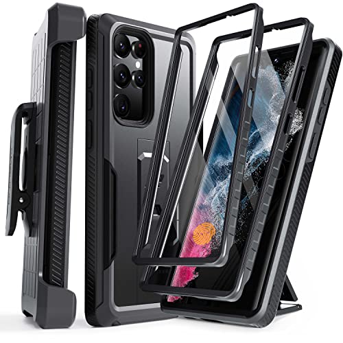 AMRHINO for Samsung Galaxy S22 Ultra Case with Built-in Screen Protector & Kickstand & Rugged Belt-Clip, [Extra Front Frame] Full-Body Heavy Duty Phone Case for Samsung S22 Ultra 5G 6.8 inch, Black