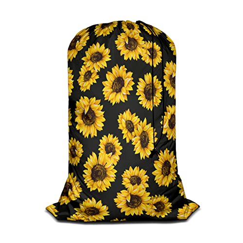 Swono Sunflowers Large Capacity Laundry Hamper Basket Classic Floral Leaf Romantic Bouquet Blossom Storage Baskets for Bedroom, Bathroom, Dorm, Washing Room, Machine Washable, Black Yellow