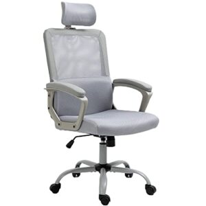 office chair, ergonomic mesh desk chair, high back computer chair with adjustable headrest,lumbar support, tilt function,swivel rolling, soft pu armrest task chair home office desk chairs, grey