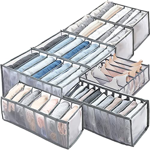 MUIRK Upgraded Wardrobe Clothes Organizer for Jeans/T-Shirts/Socks/Bra,7PCS Clothes Organizer for Folded Clothes,Designed with Transparent Nylon Mesh(7PCS:2Jeans+2Shirt+1Panties+1Sock+1Bra)