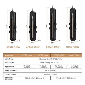 AQQA Aquarium Heater,100W/200W/300W/500W Fish Tank Heater,Submersible Digital LED Controller,Dry Heating Protector and Safety Thermal Cut-Off,Suitable for Fresh Water Salt Water (200W)