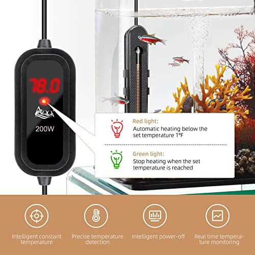 AQQA Aquarium Heater,100W/200W/300W/500W Fish Tank Heater,Submersible Digital LED Controller,Dry Heating Protector and Safety Thermal Cut-Off,Suitable for Fresh Water Salt Water (200W)