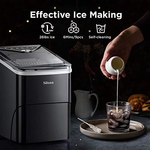 Silonn Ice Makers Countertop, 9 Cubes Ready in 6 Mins, 26lbs in 24Hrs, 2 Sizes of Bullet Ice for Home Kitchen Office Bar Party & Keurig K-Express Coffee Maker, Black