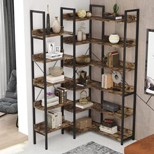 pakasept 6-shelf corner bookshelf, triple wide 6-tier bookcase, large modern corner shelf with metal frame, open bookshelves for living room home office, rustic brown