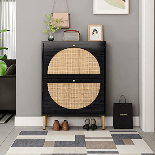 Black Rattan Shoe Storage Cabinet with 2 Flip Drawers for Entryway, Freestanding Shoe Rack Modern Slim Entryway Shoe Organizer with Half Round Woven Rattan Doors for Hallway