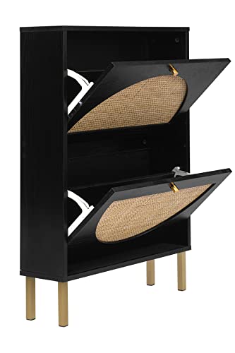 Black Rattan Shoe Storage Cabinet with 2 Flip Drawers for Entryway, Freestanding Shoe Rack Modern Slim Entryway Shoe Organizer with Half Round Woven Rattan Doors for Hallway