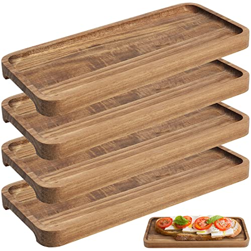 KEILEOHO 4 PCS 11.8 Inch Wood Serving Platters, Natural Acacia Wood Tray, Wood Appetizer Cheese Plates Rectangular Wooden Tray Decorative Charcuterie Boards for Serving Food, Brown