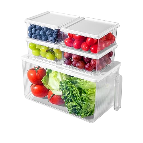 Refrigerator Organizer Bins Stackable,GRABADO 5 Pack Plastic Fridge Organizer Clear with Lid and Handle,Fruit Storage and Veggies/vegetable Containers for Fridge Keep Fresh,Large Drink Organizer