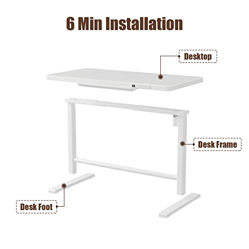 AITERMINAL Glass Standing Desk with Drawer, Electric Height Adjustable Home Office Desk with Storage & USB Ports, 45 x 23 Inch Tempered Glass Tabletop (White)