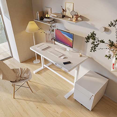 AITERMINAL Glass Standing Desk with Drawer, Electric Height Adjustable Home Office Desk with Storage & USB Ports, 45 x 23 Inch Tempered Glass Tabletop (White)