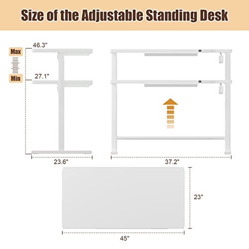 AITERMINAL Glass Standing Desk with Drawer, Electric Height Adjustable Home Office Desk with Storage & USB Ports, 45 x 23 Inch Tempered Glass Tabletop (White)