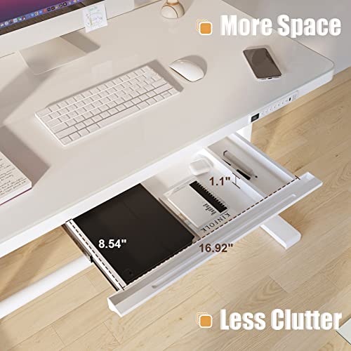 AITERMINAL Glass Standing Desk with Drawer, Electric Height Adjustable Home Office Desk with Storage & USB Ports, 45 x 23 Inch Tempered Glass Tabletop (White)