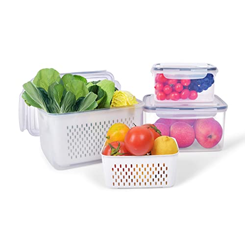 Fruit Vegetable Storage Containers for Fridge,3 PCS Produce Saver Containers for Refrigerator Organizer Bins,Plutuus BPA free Plastic Produce Keepers with Lid & Colander for Salad Berry Lettuce watermelon Storage