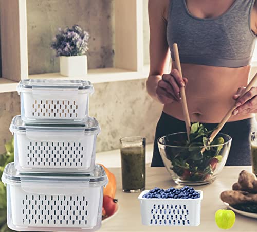 Fruit Vegetable Storage Containers for Fridge,3 PCS Produce Saver Containers for Refrigerator Organizer Bins,Plutuus BPA free Plastic Produce Keepers with Lid & Colander for Salad Berry Lettuce watermelon Storage