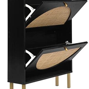 Pvillez Black Rattan Shoe Cabine, Shoe Cabinet with 2 Flip Drawers for Entryway, Modern Freestanding 2-Tier Shoe Rack Storage Cabinet for Entryway, Hallway, Bedroom