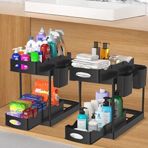 2 pack under sink organizer, 2 tier double sliding under sink organizers and storage multi-purpose under cabinet storage with hooks, hanging cup, dividers, for bathroom kitchen