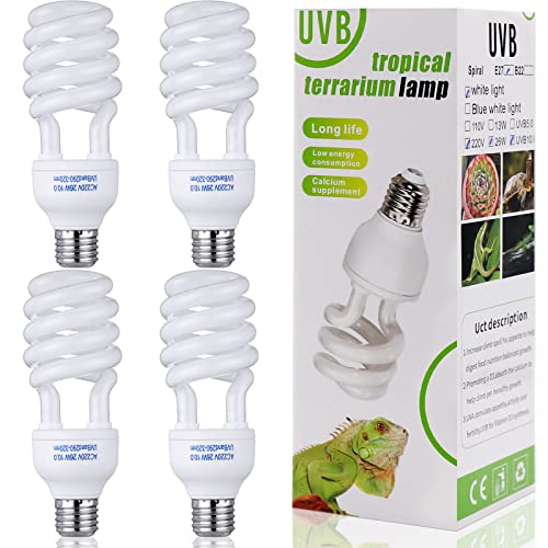 4 Pcs UVB Reptile Light 10.0, Reptile UVB Bulb, UVB Bulb for Desert Tropical/Sub Tropical Reptiles Fluorescent Simulation Color Reptile UVB Light for Turtle, Bearded Dragon, Lizard, Gecko (26 Watt)