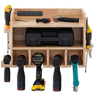 vevor power tool organizer, wall mounted drill holder, 4 hanging slots drill charging station, 2-shelf cordless drill storage, polished wooden toolbox for saw, wrench, screwdriver drill