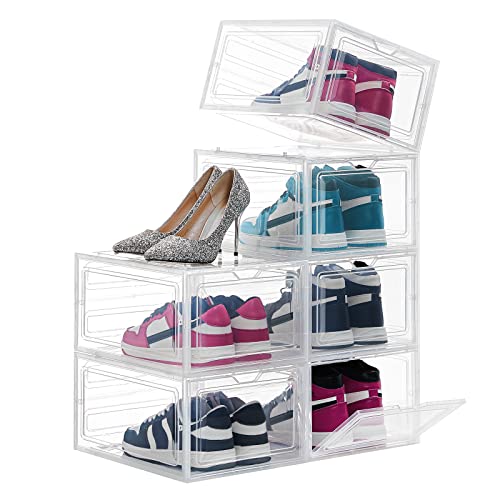 Lifewit 6 Pack Shoe Storage Box Clear Stackable Hard Sturdy Plastic Shoe Organizer Bin Foldable Sneaker Display Containers Holders for Closet Entryway, Fit Up to US Size 13