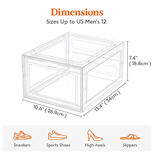 Lifewit 6 Pack Shoe Storage Box Clear Stackable Hard Sturdy Plastic Shoe Organizer Bin Foldable Sneaker Display Containers Holders for Closet Entryway, Fit Up to US Size 13