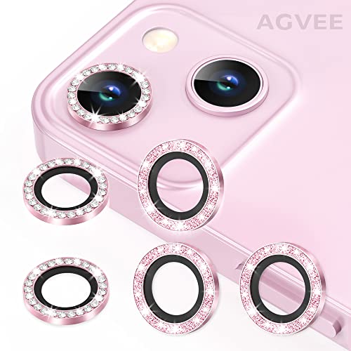 AGVEE 3+3 6 Pack for iPhone 13 6.1 inch / 13 Mini 5.4 inch Camera Lens Protector, Bling Diamond & Bling Glitter Metal Ring 9H Tempered HD Glass Camera Protector Cover Film, Bling-Pink