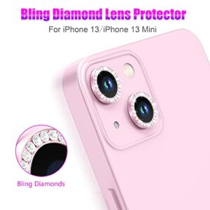 AGVEE 3+3 6 Pack for iPhone 13 6.1 inch / 13 Mini 5.4 inch Camera Lens Protector, Bling Diamond & Bling Glitter Metal Ring 9H Tempered HD Glass Camera Protector Cover Film, Bling-Pink