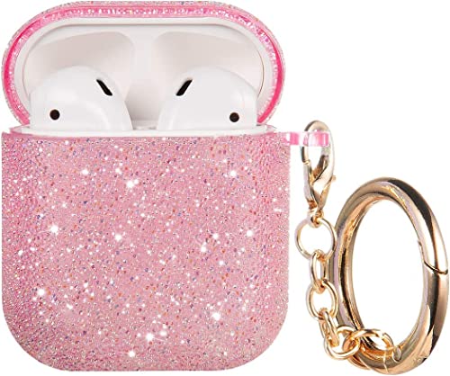 Bling Airpods Case, Cute Glitte Diamond Airpod 1st/2rd Case Cover for Girls Women, Rhinestone Airpods Protective Case with Keychain, Scratch Proof and Drop Proof (Pink)