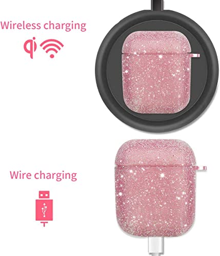 Bling Airpods Case, Cute Glitte Diamond Airpod 1st/2rd Case Cover for Girls Women, Rhinestone Airpods Protective Case with Keychain, Scratch Proof and Drop Proof (Pink)