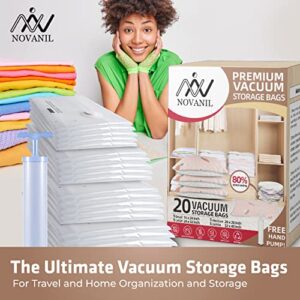 VACUUM STORAGE BAGS WITH HAND PUMP, VARIETY 20 PACK (5 JUMBO, 5 LARGE, 5 MEDIUM, 5 SMALL), VACUUM SEALER COMPRESSION BAGS FOR CLOTHES, DUVETS, PILLOWS, TRAVEL, AND MOVING, SEVEN LAYERS, DOUBLE-ZIP