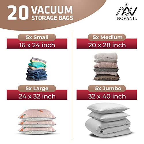 VACUUM STORAGE BAGS WITH HAND PUMP, VARIETY 20 PACK (5 JUMBO, 5 LARGE, 5 MEDIUM, 5 SMALL), VACUUM SEALER COMPRESSION BAGS FOR CLOTHES, DUVETS, PILLOWS, TRAVEL, AND MOVING, SEVEN LAYERS, DOUBLE-ZIP