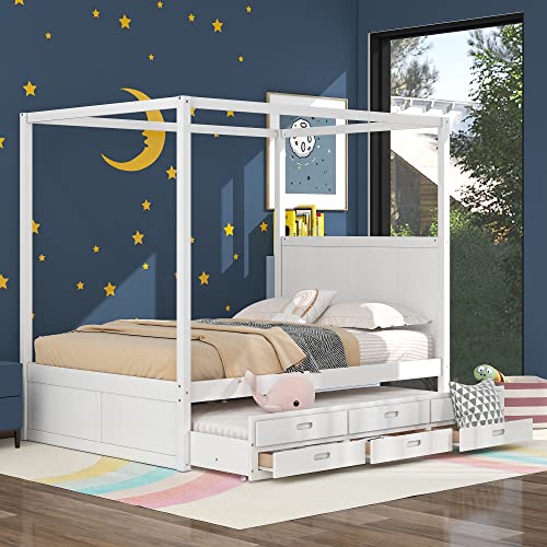 Queen Size Canopy Bed with Twin Size Trundle and Three Storage Drawers, Solid Wood Platform Bed Frame with Headboard, Slat Support Modern 4 Poster Bed for Kids, Teens, Adults (White)