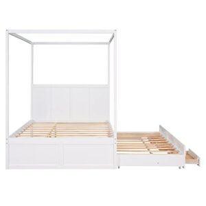 Queen Size Canopy Bed with Twin Size Trundle and Three Storage Drawers, Solid Wood Platform Bed Frame with Headboard, Slat Support Modern 4 Poster Bed for Kids, Teens, Adults (White)