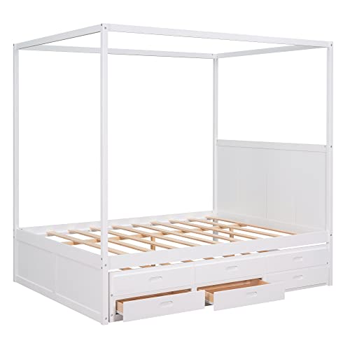 Queen Size Canopy Bed with Twin Size Trundle and Three Storage Drawers, Solid Wood Platform Bed Frame with Headboard, Slat Support Modern 4 Poster Bed for Kids, Teens, Adults (White)