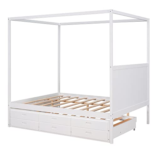 Queen Size Canopy Bed with Twin Size Trundle and Three Storage Drawers, Solid Wood Platform Bed Frame with Headboard, Slat Support Modern 4 Poster Bed for Kids, Teens, Adults (White)