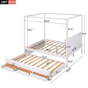 Queen Size Canopy Bed with Twin Size Trundle and Three Storage Drawers, Solid Wood Platform Bed Frame with Headboard, Slat Support Modern 4 Poster Bed for Kids, Teens, Adults (White)