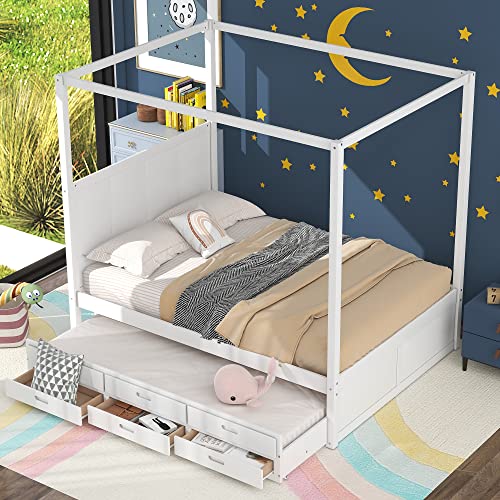 Queen Size Canopy Bed with Twin Size Trundle and Three Storage Drawers, Solid Wood Platform Bed Frame with Headboard, Slat Support Modern 4 Poster Bed for Kids, Teens, Adults (White)