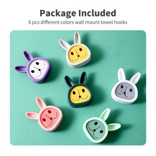 LAOKETON 6 Pieces Kitchen Towel Holder - (Cute Rabbit Shape，Adhesive Push Towel Hooks, No Drilling Required) Wall Mount Hand Towel Hook Ideal as Bathroom or Shower.