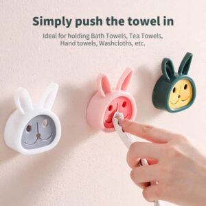 LAOKETON 6 Pieces Kitchen Towel Holder - (Cute Rabbit Shape，Adhesive Push Towel Hooks, No Drilling Required) Wall Mount Hand Towel Hook Ideal as Bathroom or Shower.