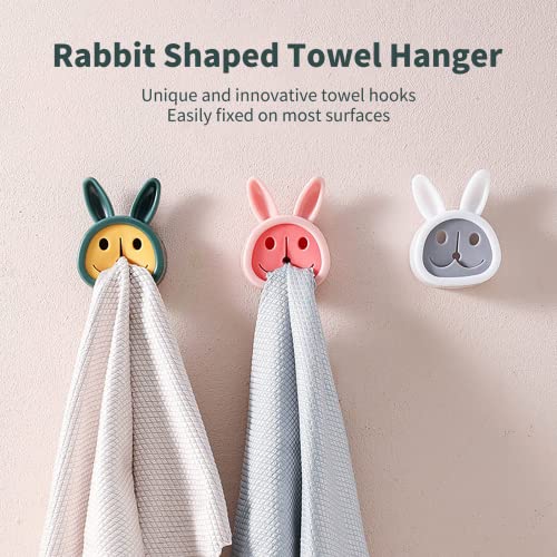 LAOKETON 6 Pieces Kitchen Towel Holder - (Cute Rabbit Shape，Adhesive Push Towel Hooks, No Drilling Required) Wall Mount Hand Towel Hook Ideal as Bathroom or Shower.