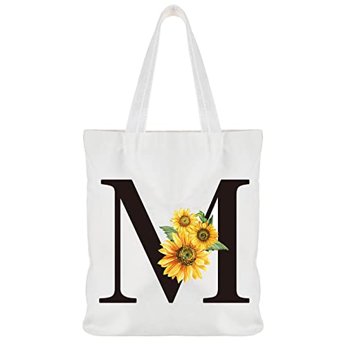 Initial Canvas Tote Bag, Letter Tote Monogrammed Gift for Women Sunflower Personalized Shopping Bag Birthday Christmas Gift ( Letter M)