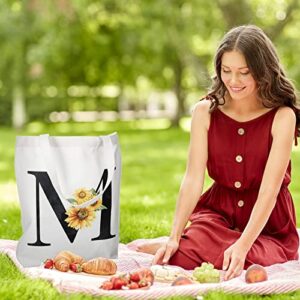 Initial Canvas Tote Bag, Letter Tote Monogrammed Gift for Women Sunflower Personalized Shopping Bag Birthday Christmas Gift ( Letter M)