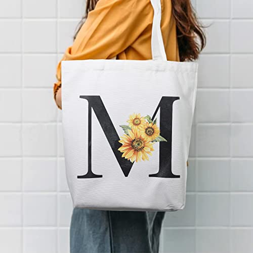 Initial Canvas Tote Bag, Letter Tote Monogrammed Gift for Women Sunflower Personalized Shopping Bag Birthday Christmas Gift ( Letter M)