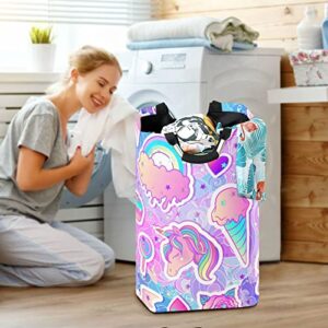 Kigai Large Storage Laundry Hamper Bag, Collapsible Waterproof Laundry Clothes Basket with Handles for Bathroom, College, Living Room Organization (Rainbow Unicorn)