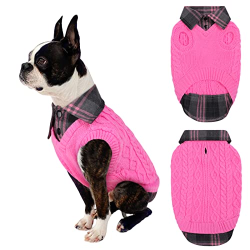 JUDYBRIDAL Warm Dog Sweater with Leash Hole Plaid Patchwork Turtleneck Pet Knitted Sweaters Soft Cozy Dog Vest Clothes for Cold Weather for Small Medium Large Dogs (XL | Pink)