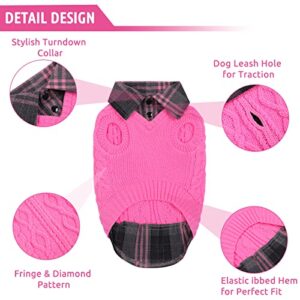 JUDYBRIDAL Warm Dog Sweater with Leash Hole Plaid Patchwork Turtleneck Pet Knitted Sweaters Soft Cozy Dog Vest Clothes for Cold Weather for Small Medium Large Dogs (XL | Pink)