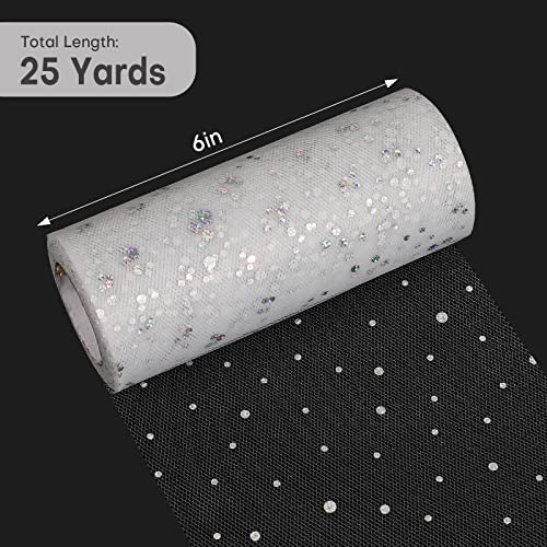 Osunnus Silver Glitter Tulle Fabric Roll 6" by 25 Yards Sequin Netting Fabric for DIY Gift Wrapping Wedding Christmas Baby Shower Tutu Birthday Party Decorations